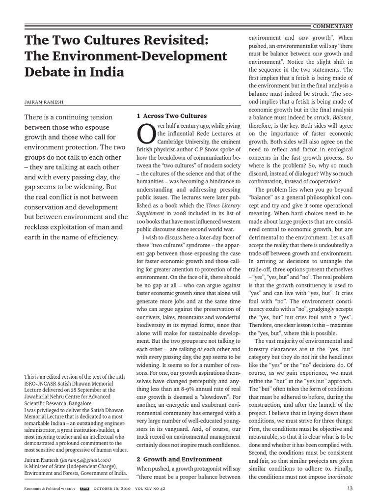The Two Cultures Revisited The EnvironmentDevelopment Debate in India ...