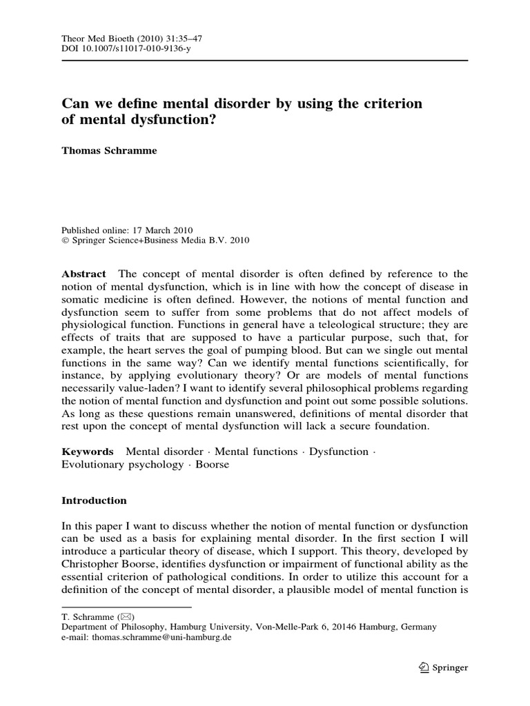 Can We Define Mental Disorder by Using The Criterion of Mental ...