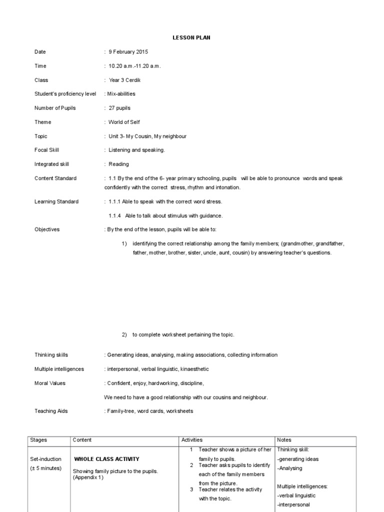 Lesson Plan My Cousin My Neighbour (Listening and Speaking) | PDF ...