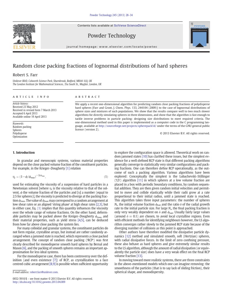 Random Close Packing Fractions of Lognormal Distributions of Hard ...