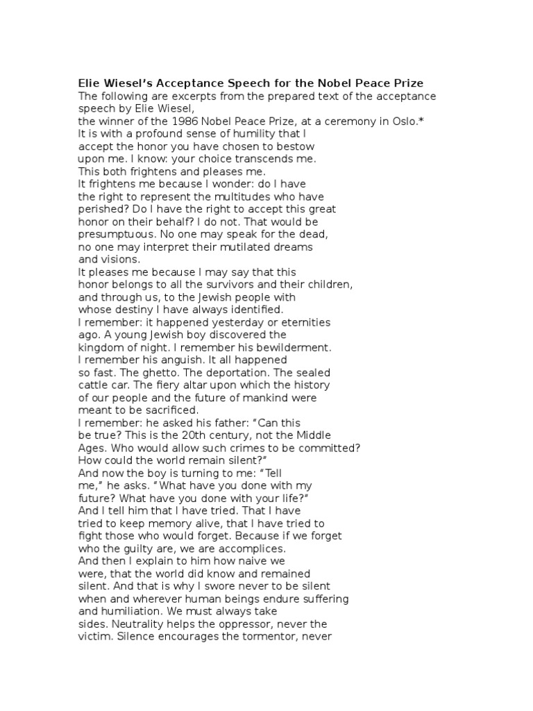 Elie Wiesel's Acceptance Speech For The Nobel Peace Prize | PDF