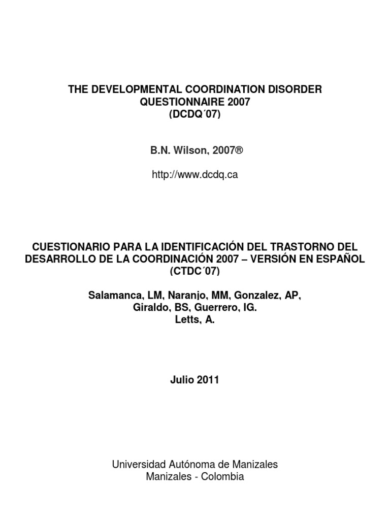 Dcdq Version en Español-1 2013 | PDF | Cuestionario | Diagnostico medico