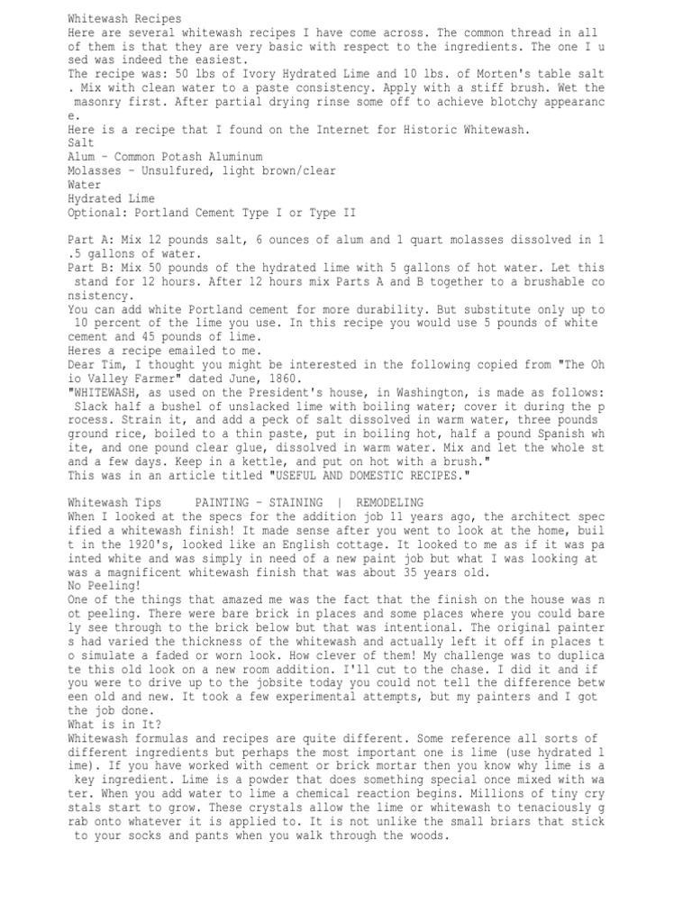 Whitewash Recipe | PDF | Lime (Material) | Cement