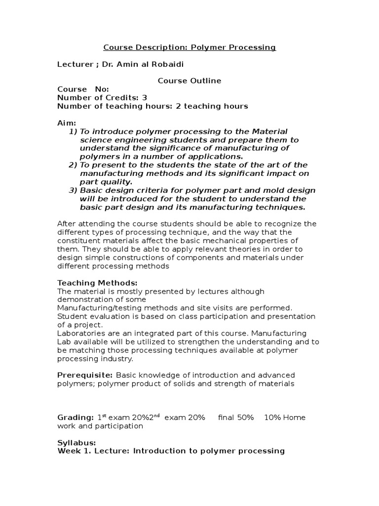 Course Description Polymer Processing | PDF | Polymers | Test (Assessment)