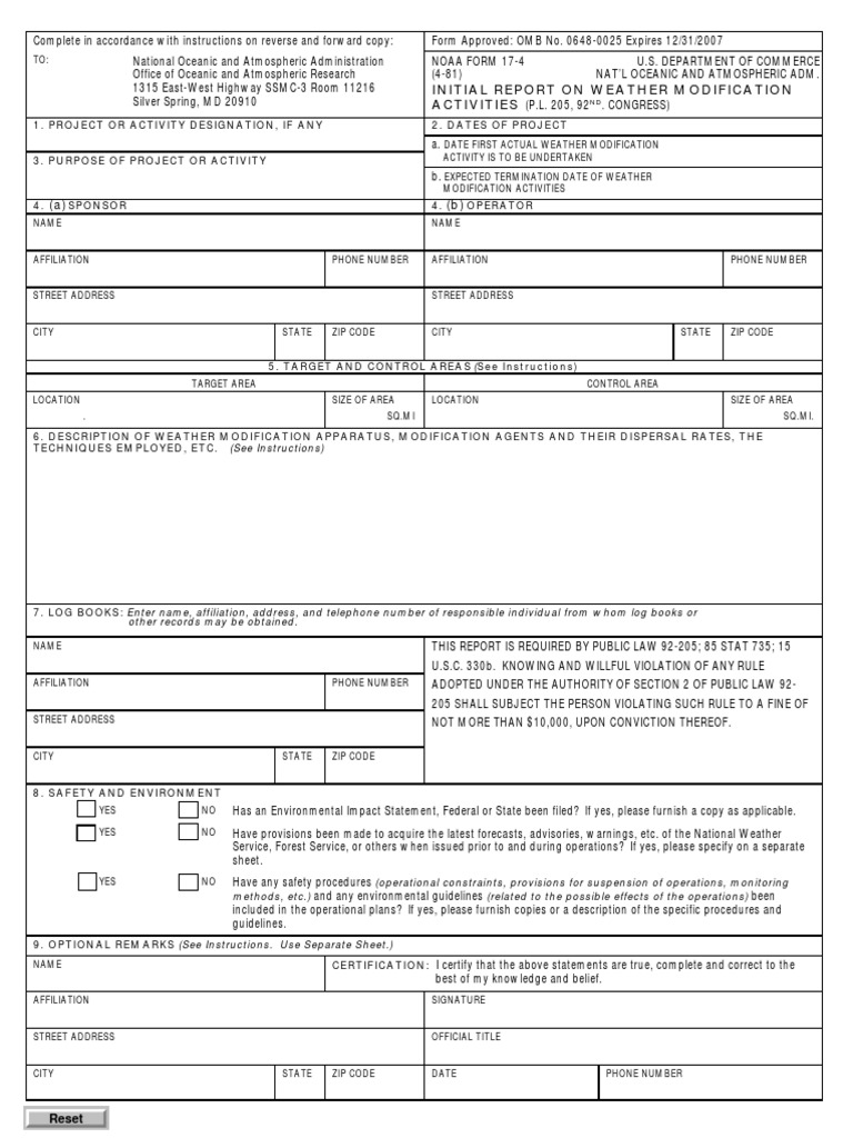 Initial Report On Weather Modification Activities - NOAA Form 17-4 ...