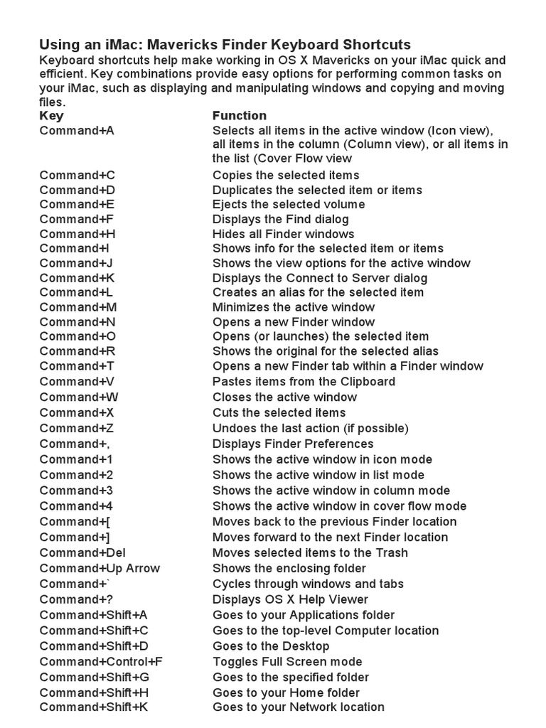 Using An Imac: Mavericks Finder Keyboard Shortcuts: Key Function | PDF | Finder (Software ...
