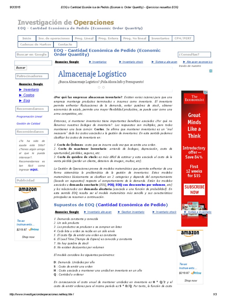 EOQ o Cantidad Económica de Pedido (Economic Order Quantity) - Ejercicios Resueltos EOQ | PDF ...