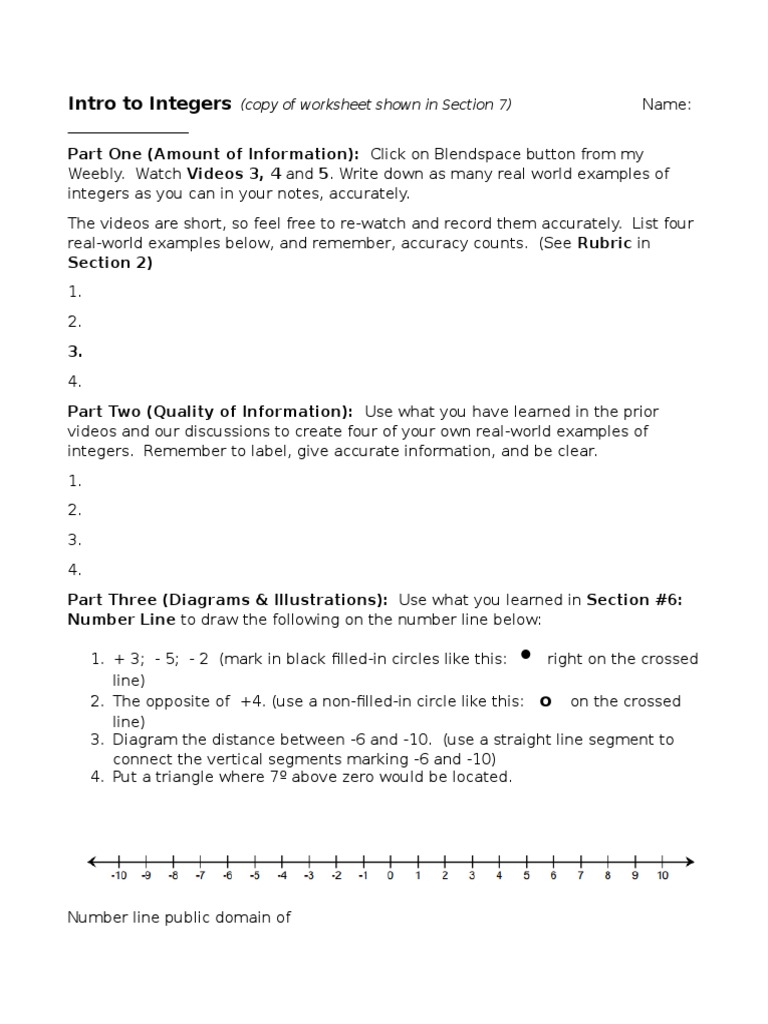 Real-World Integer Examples Worksheet | PDF