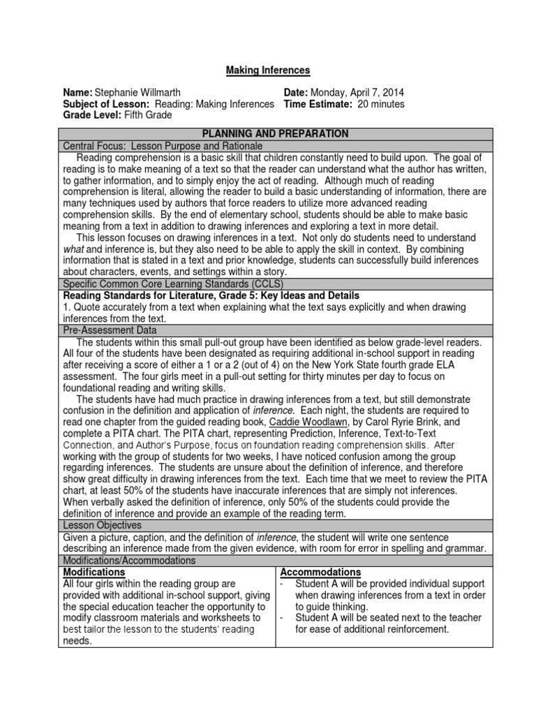 Inferences Lesson Plan | PDF | Reading Comprehension | Applied Psychology