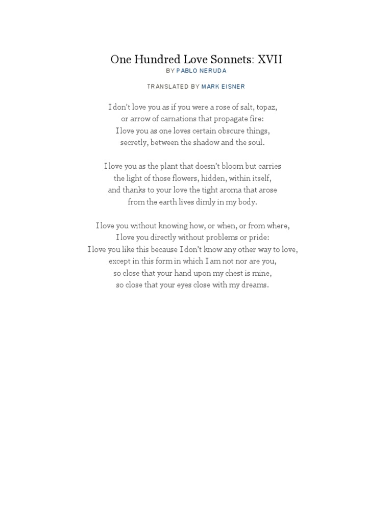 Pablo Neruda-Sonnet XVII | PDF | Poetry