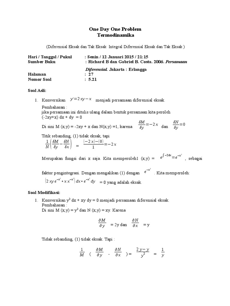 Diferensial Eksak Dan Tak Eksak, Integral Diferensial Eksak Dan Tak ...