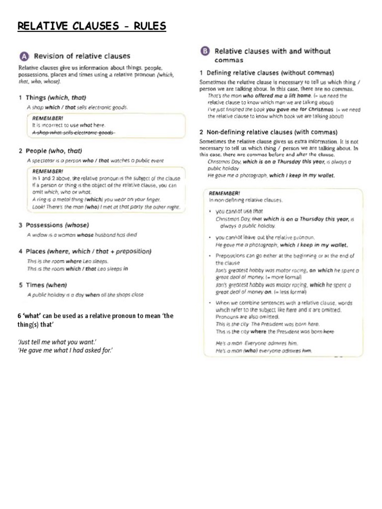 Relative Clauses Rules A | PDF | Language Arts & Discipline | Religion ...