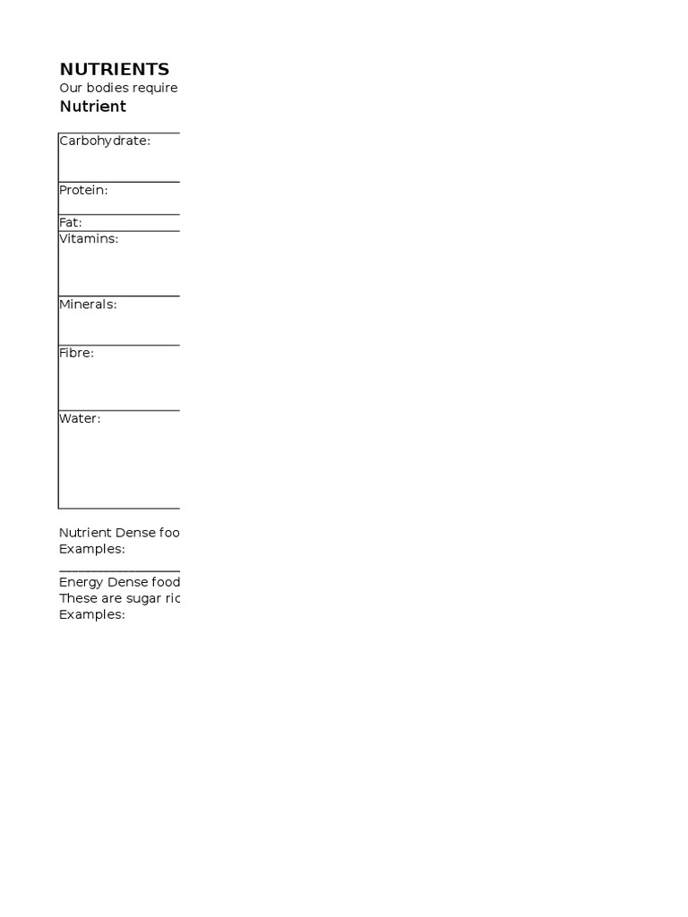 Nutrients Worksheet | PDF | Nutrients | Vitamin