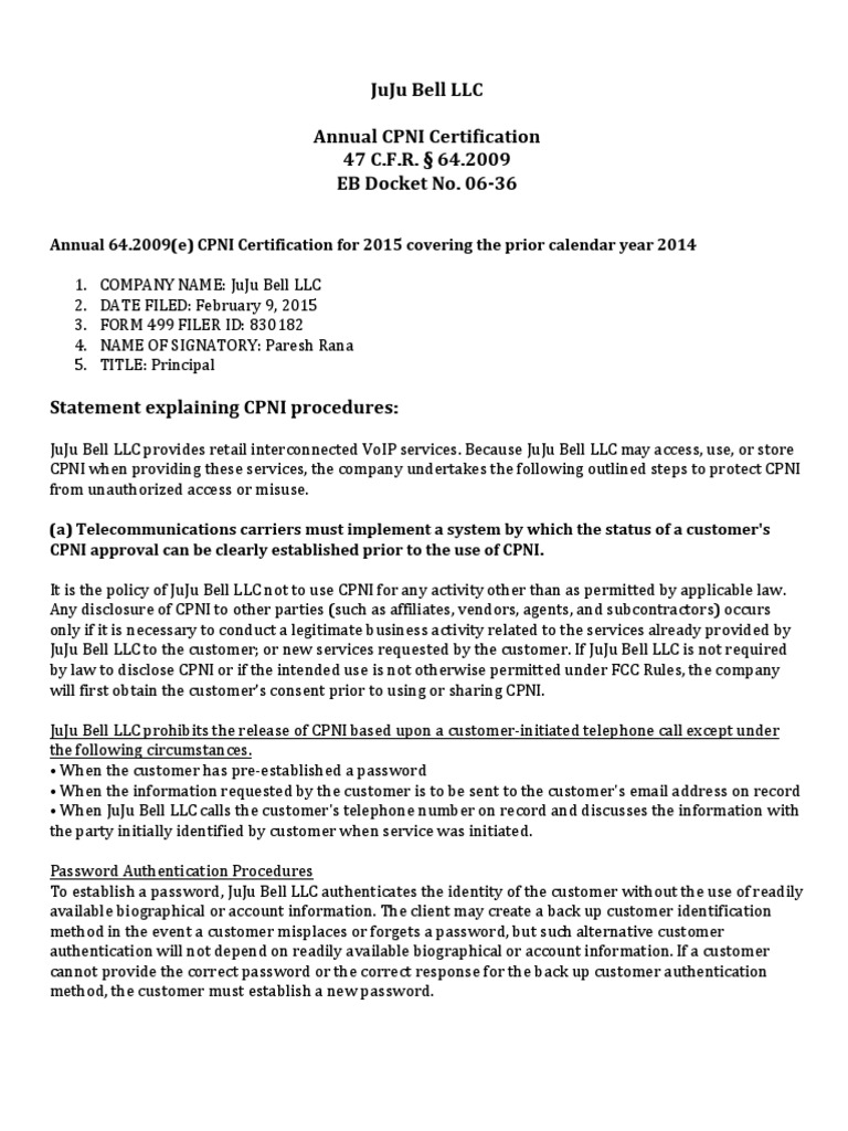 Statement Explaining CPNI Procedures JuJu Bell PDF | PDF | Federal ...