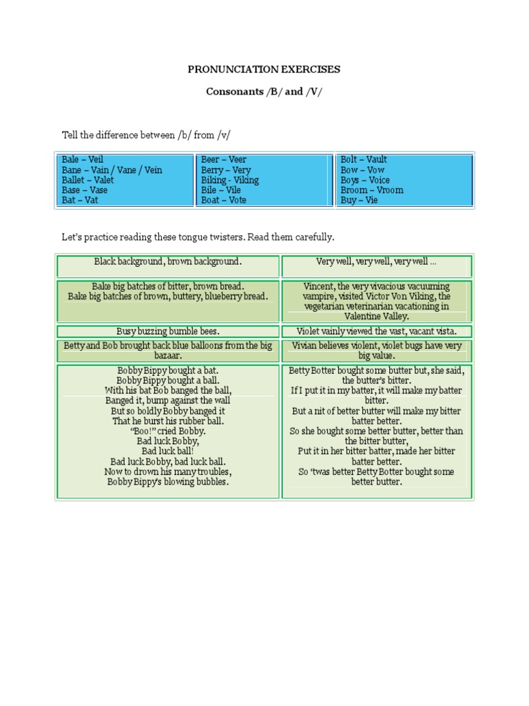 B and V Pronunciation Practice Exercises | PDF