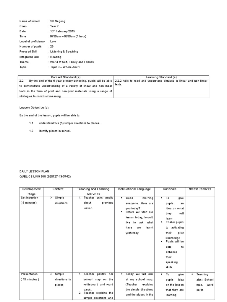 RPH Y2 Unit 3-Where am I | Lesson Plan | Educational Psychology