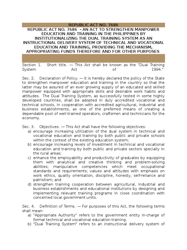 R.A. No. 7686 - Dual Training System Act of 1994 | PDF | Vocational Education | Taxes