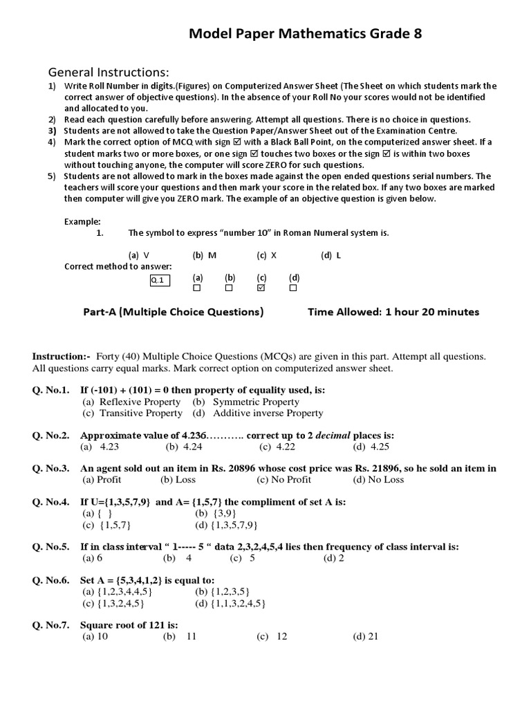 Grade 8 Mathematics Model Paper | PDF | Multiple Choice | Geometry