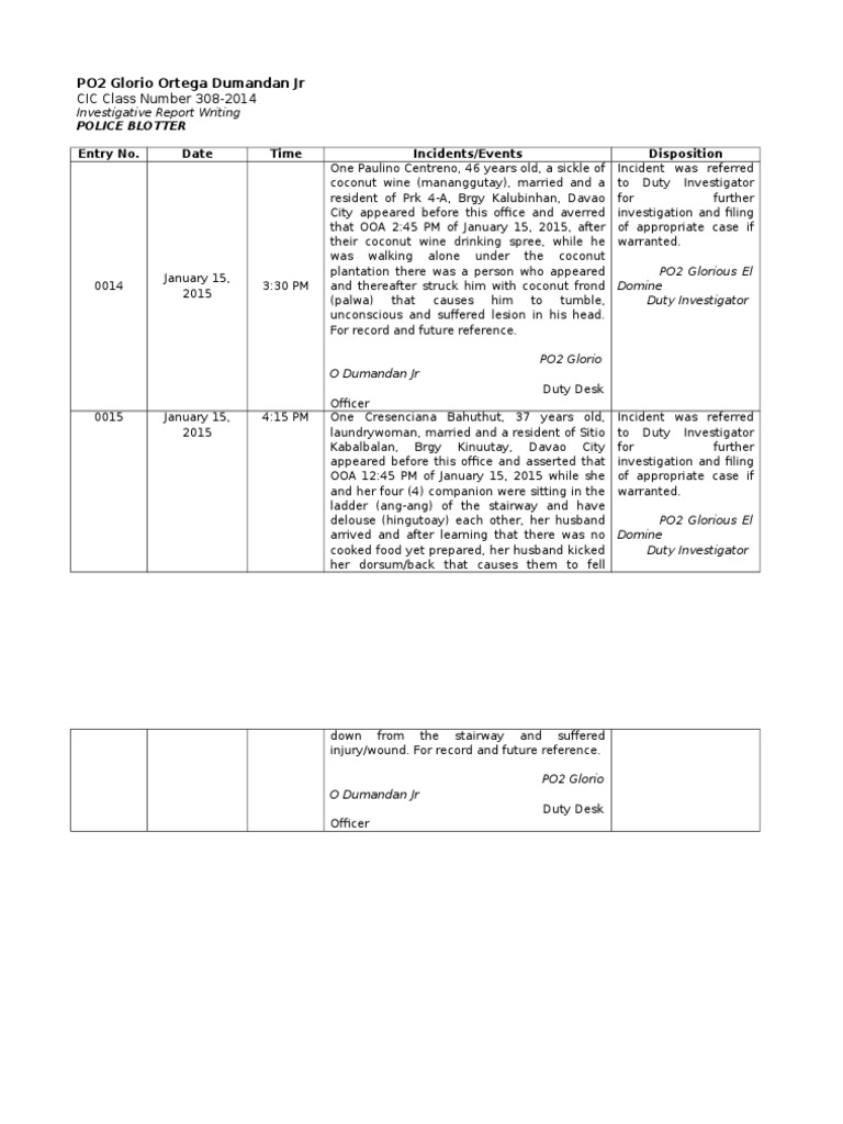 Police Blotter Reports | PDF
