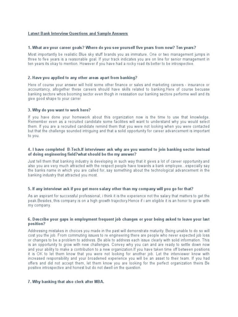 Latest Bank Interview Questions and Sample Answers | PDF | Banks ...
