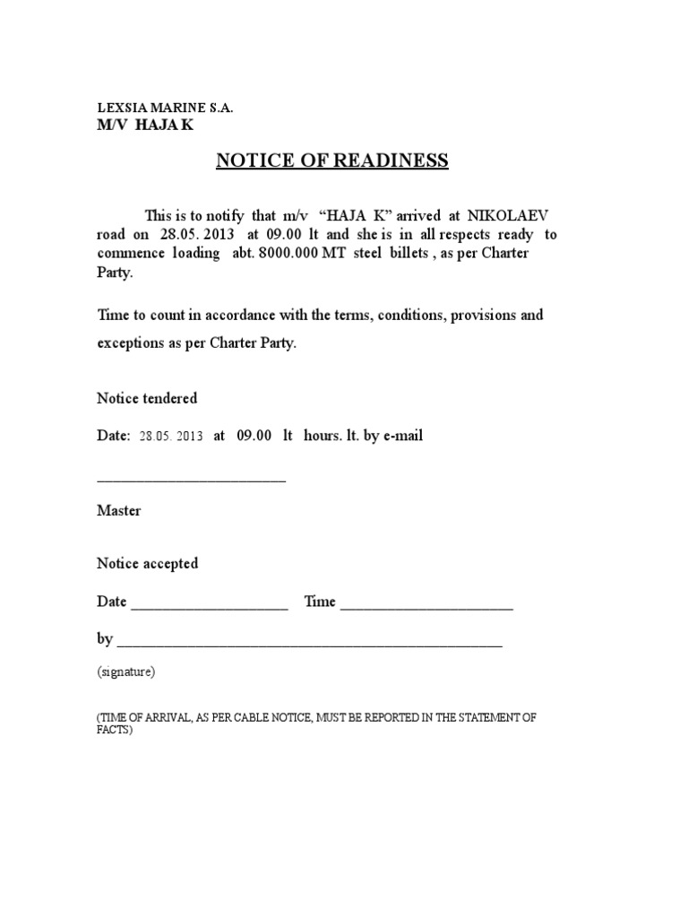 Notice of Readiness-LOAD | PDF