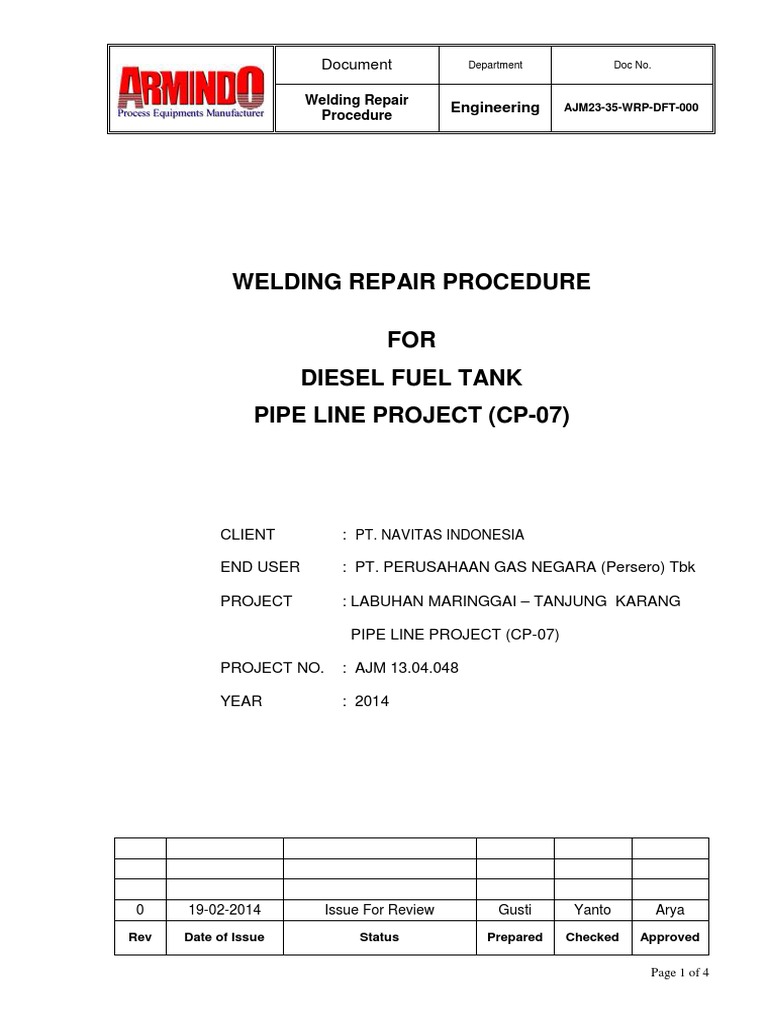 Welding Repair Procedure for Diesel Fuel Tank Pipeline Project Defect ...
