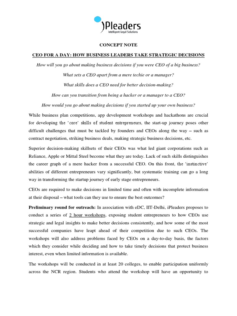 CEO For A Day - Concept Note | PDF | Chief Executive Officer ...