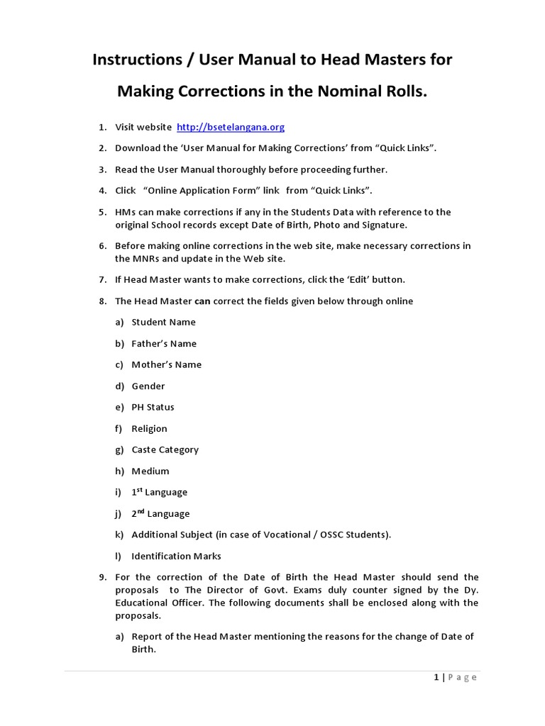 Instructions / User Manual To Head Masters For Making Corrections in ...