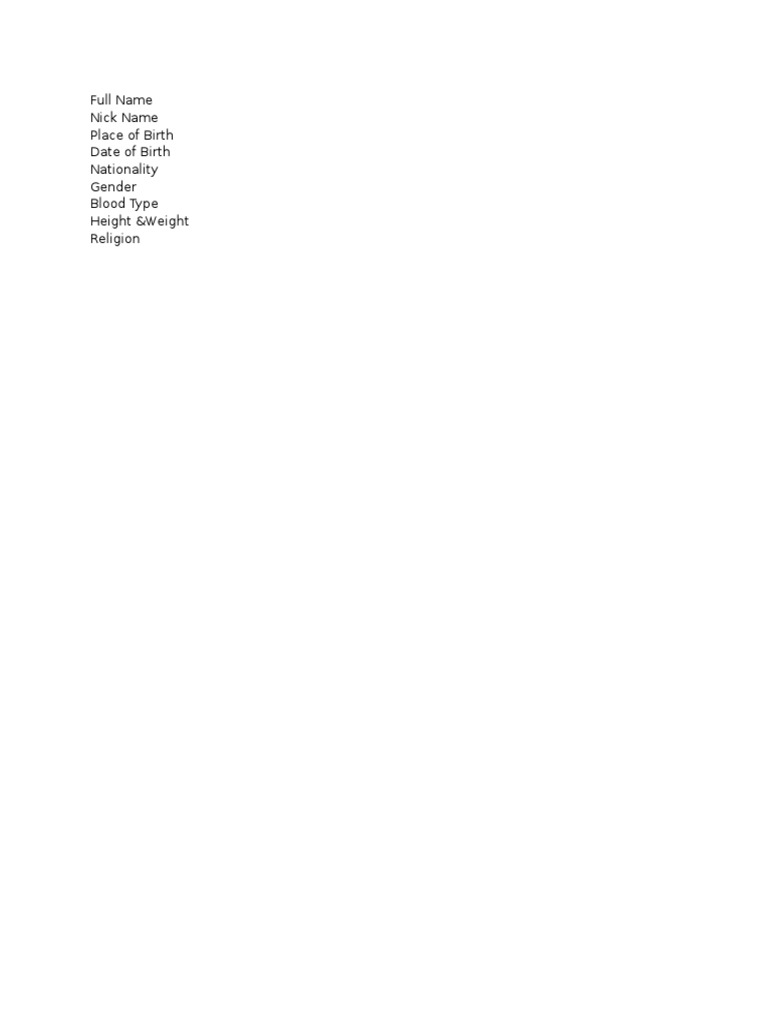 Full Name Nick Name Place of Birth Date of Birth Nationality Gender ...