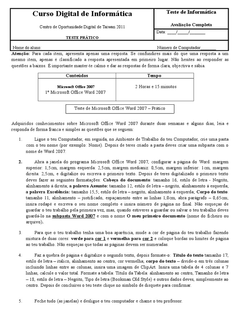Teste de Word 2007 | PDF | Microsoft | Informática