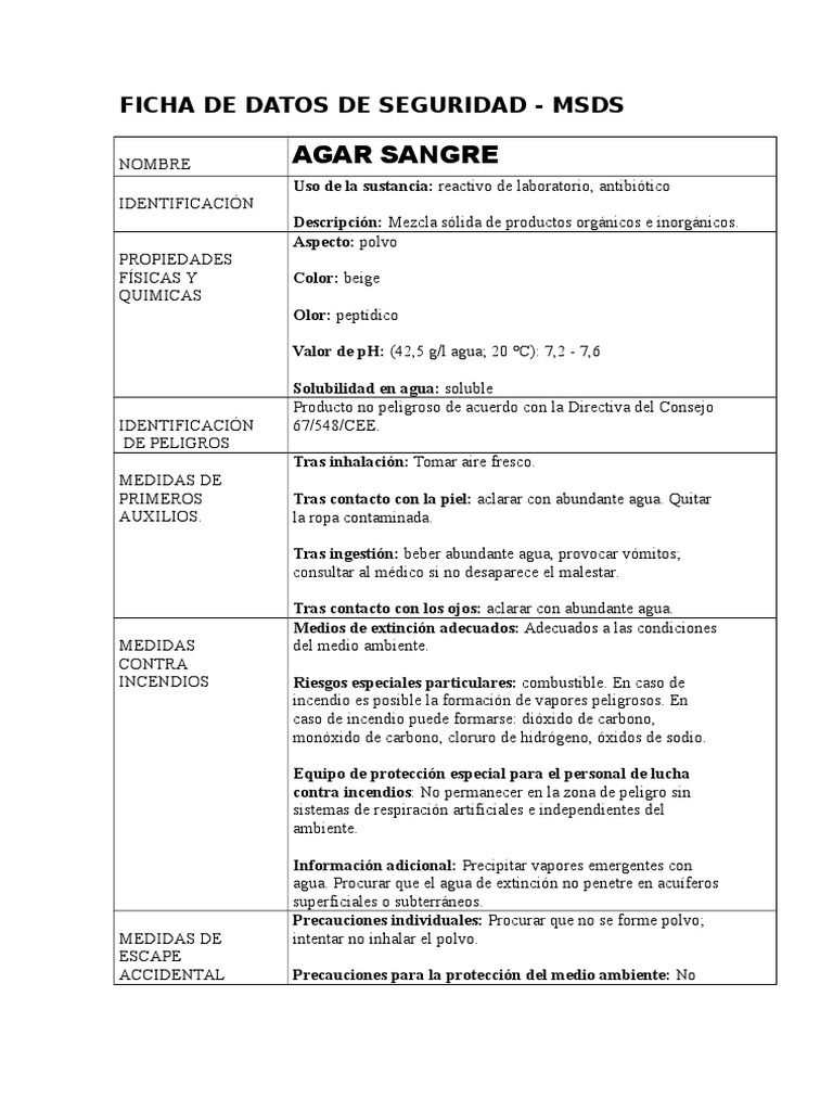 Ficha de Seguridad AGAR SANGRE | Descargar gratis PDF | Toxicidad | Agua