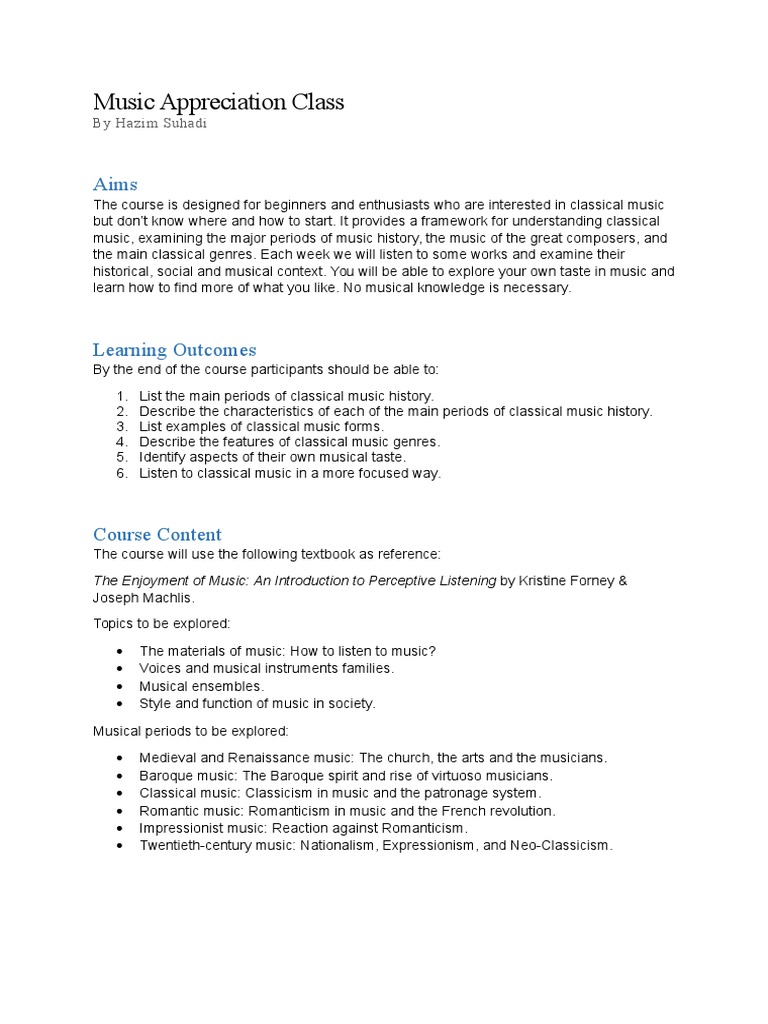 Music Appreciation Class Syllabus | PDF