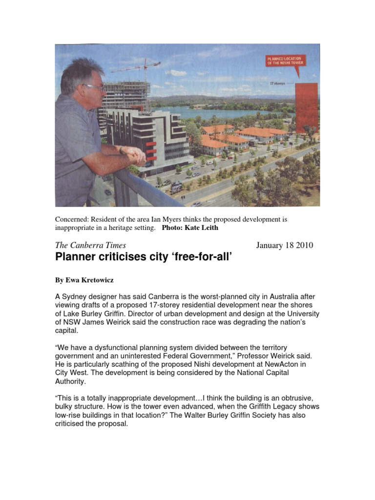 Canberra Time 201018 Planner Criticises City 'Free For All' | PDF