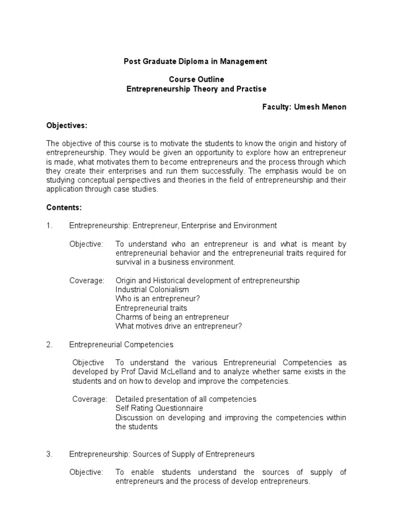 Course Outline _ Entrepreneurship Theory and Practise.doc | Small ...