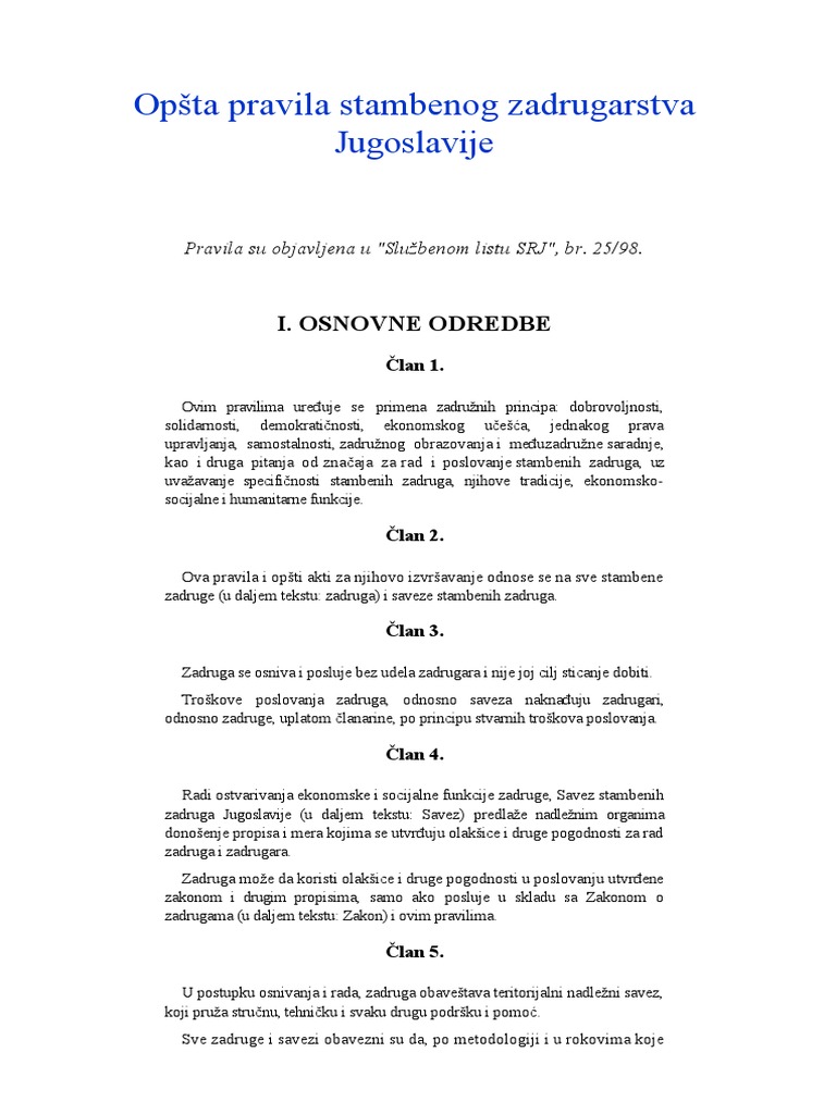 Opšta Pravila Stambenog Zadrugarstva Jugoslavije | PDF