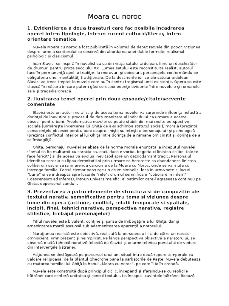 Moara Cu Noroc - Eseu BAC | PDF