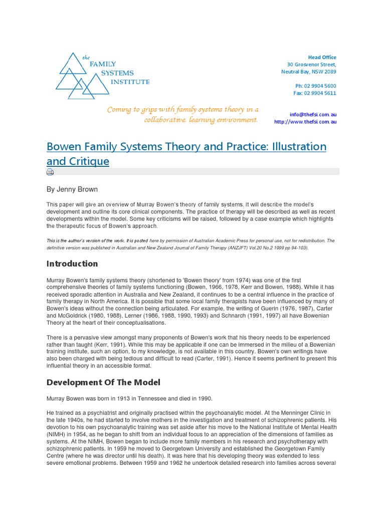 Bowen Family Systems Theory and Practice Illustration and Critique ...