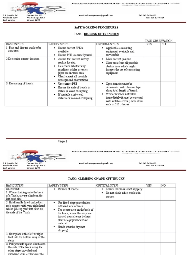 Safe Working Procedure | Trench | Ladder
