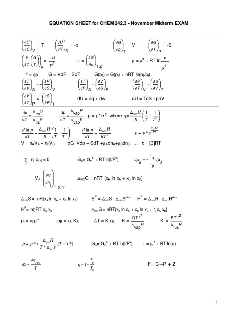 2013 Eqn Sheet Chem 242 MT2 Draft Version | PDF