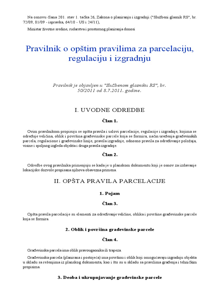 Pravilnik o Opštim Pravilima Za Parcelaciju, Regulaciju I Izgradnju | PDF