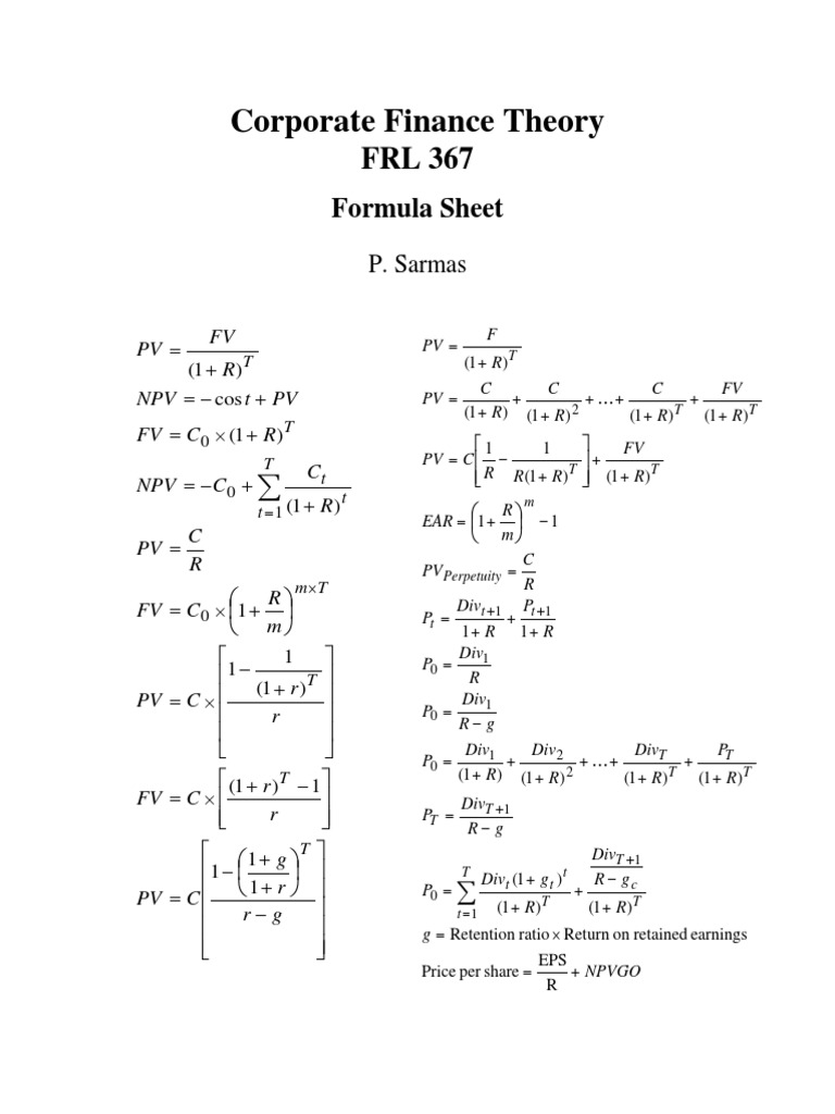 Corporate Finance Theory: Formula Sheet | PDF