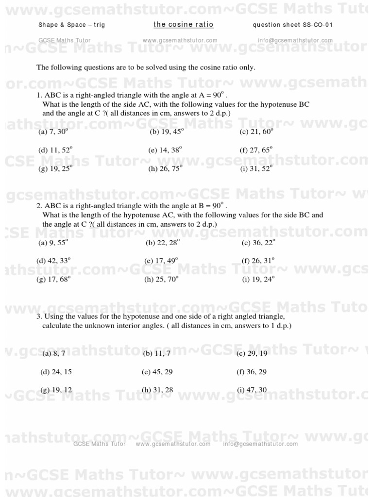 Cosine Ratio Worksheet | PDF | Trigonometry | Triangle