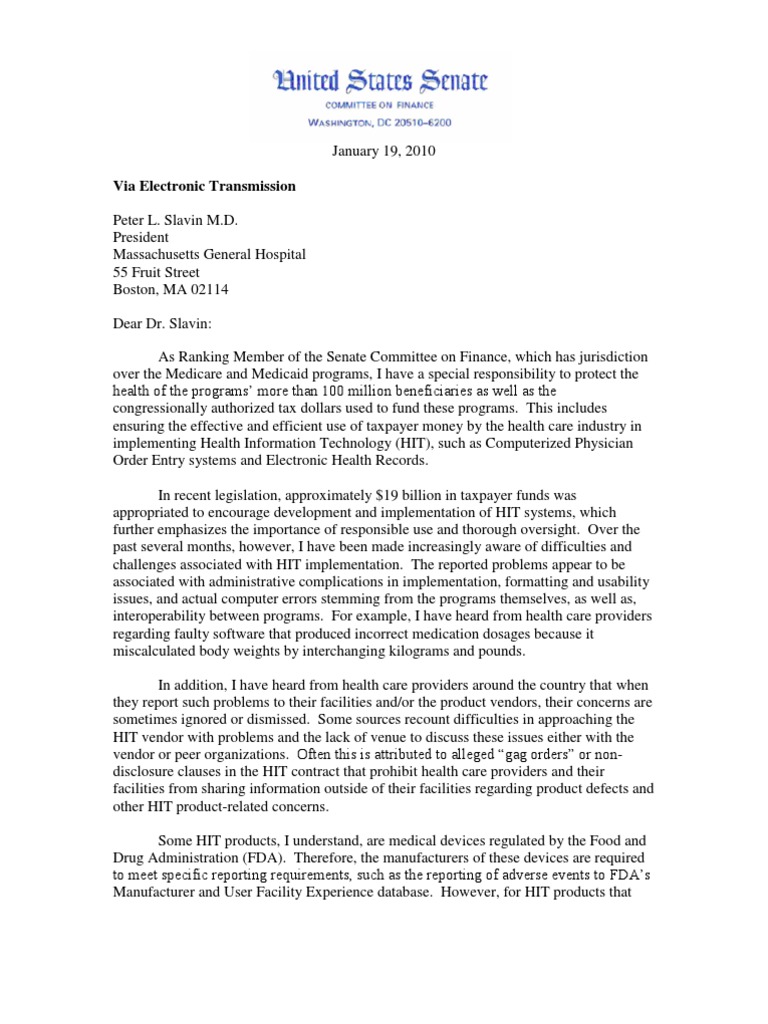 Grassley Letter To Hospitals January 2010 | PDF | Food And Drug ...
