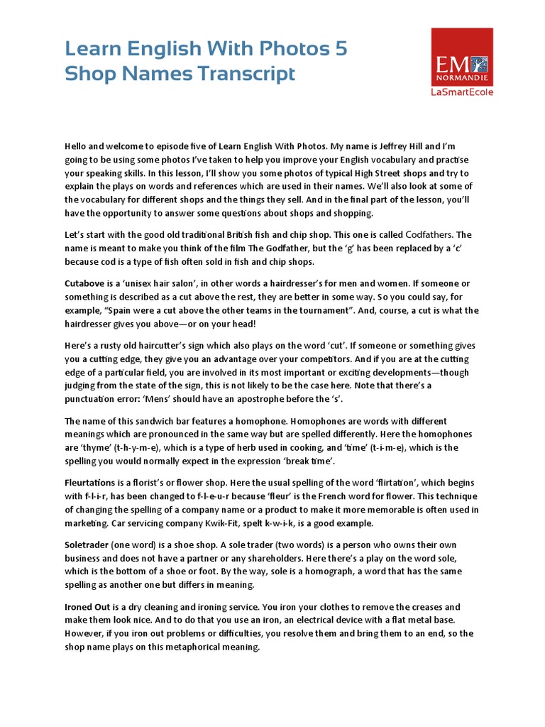 Learn English With Photos 5 - Shop Names - Transcript | PDF | Foods