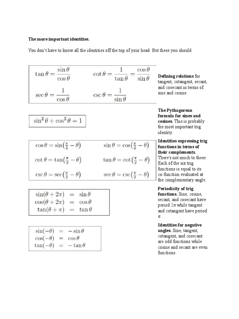 Sine Cosine Identities | PDF | Trigonometric Functions | Trigonometry