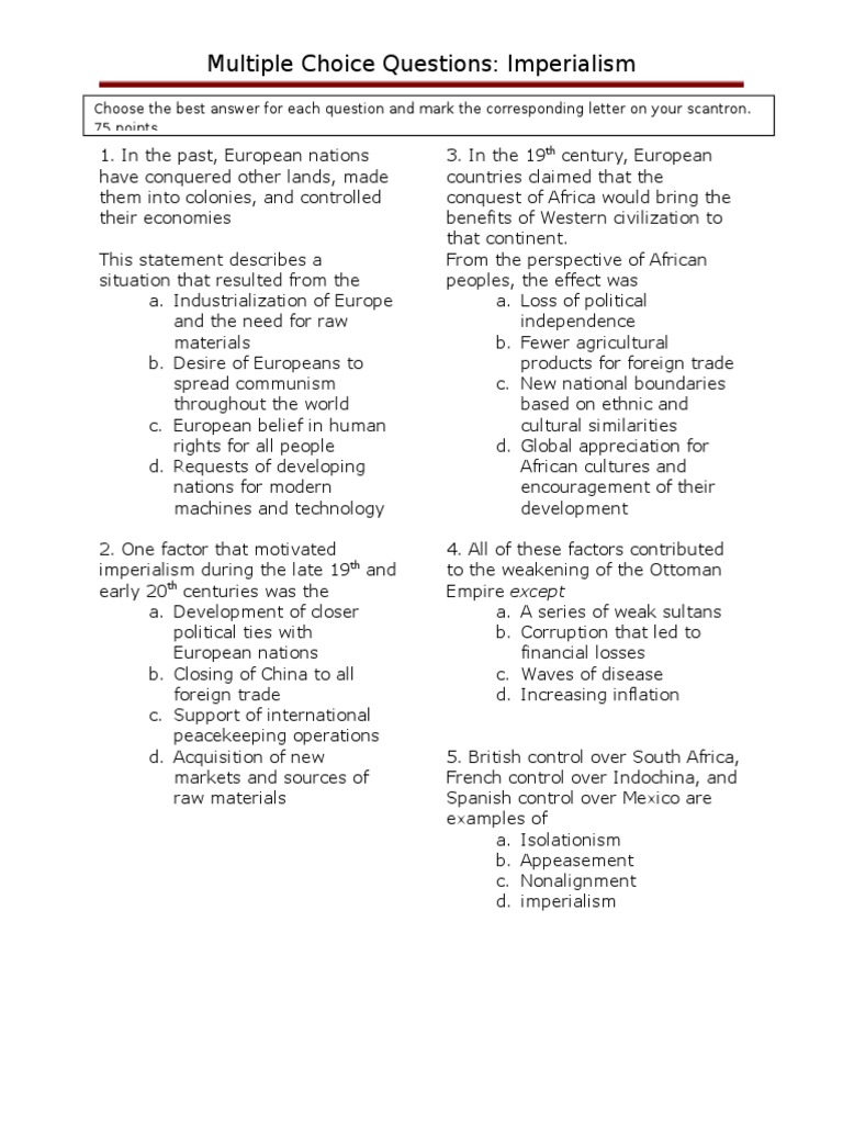 Test - Multiple Choice Imp | PDF | Imperialism | Colonialism