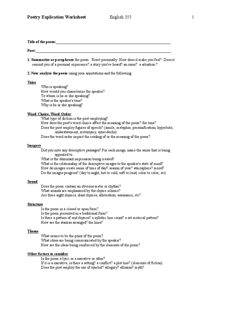 Poetry Explication Worksheet Guide | PDF | Poetry | Linguistics