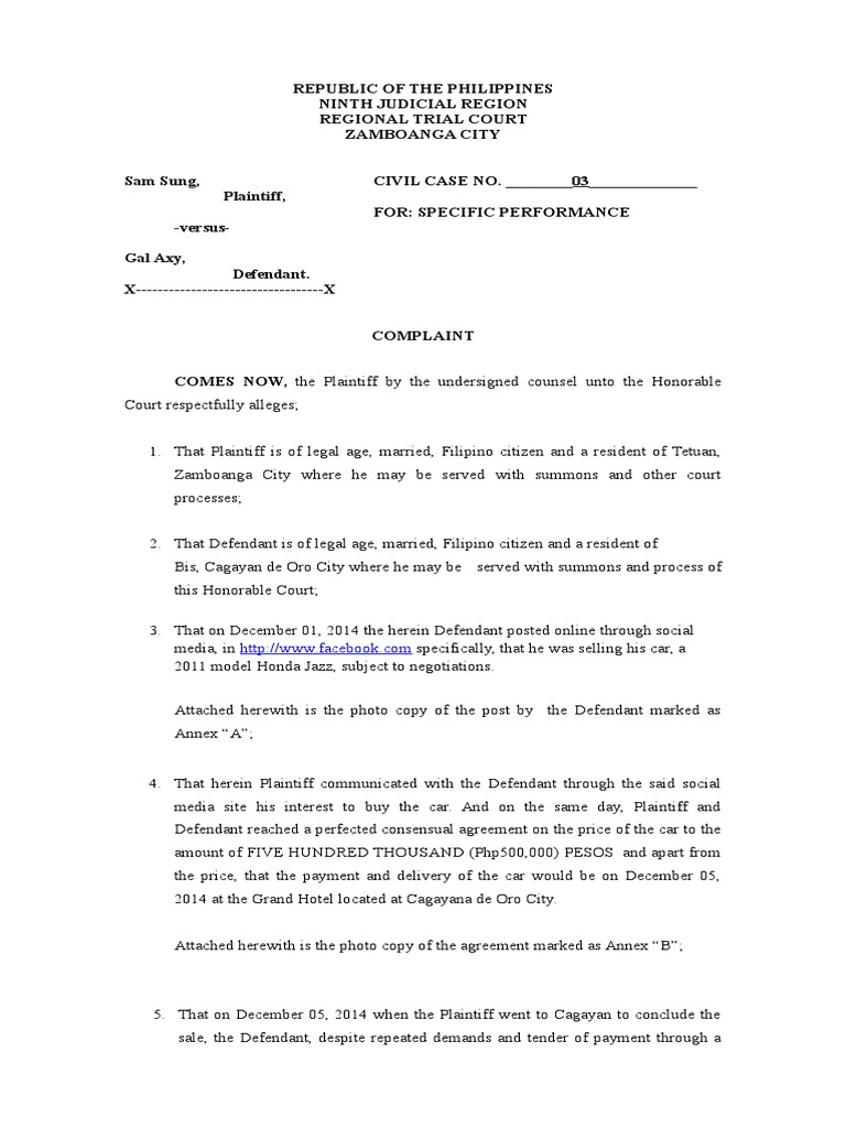 Complaint (Specific Performance) | PDF | Lawsuit | Common Law