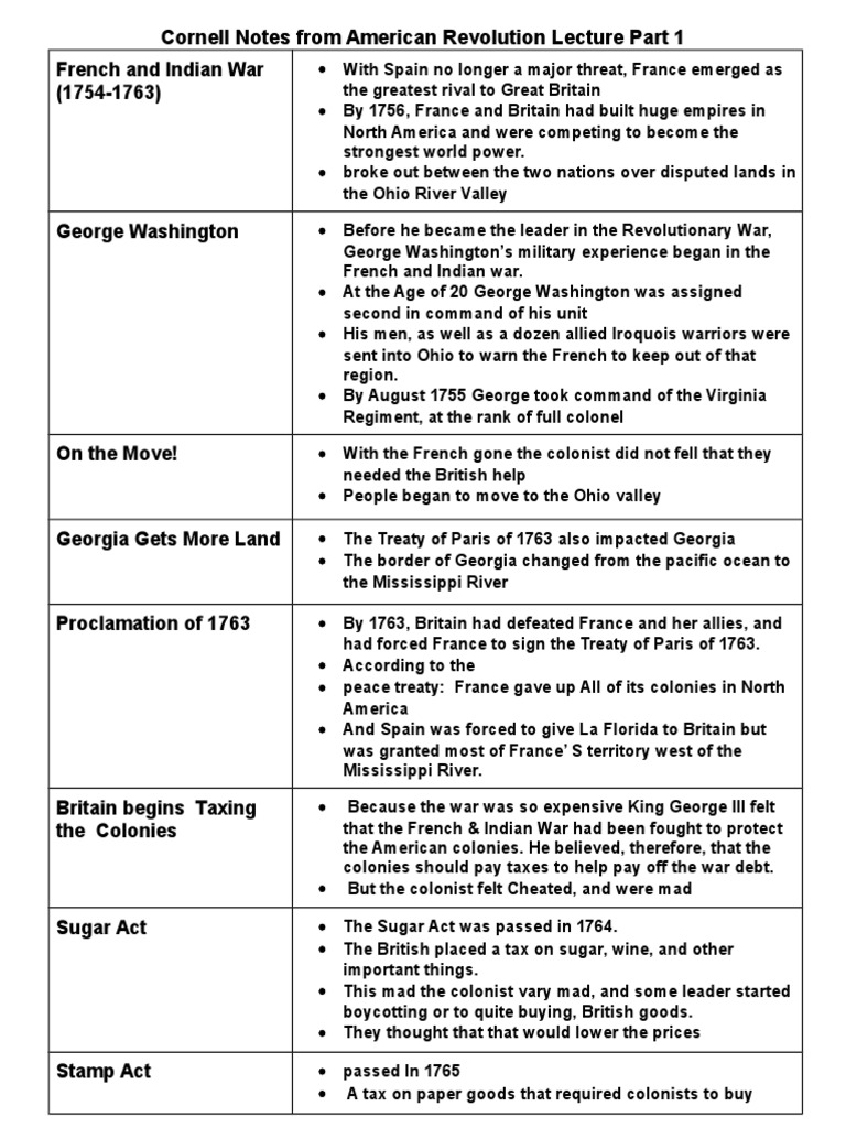 Cornell Notes American Revolution Lecture Part 1 | PDF | French And ...