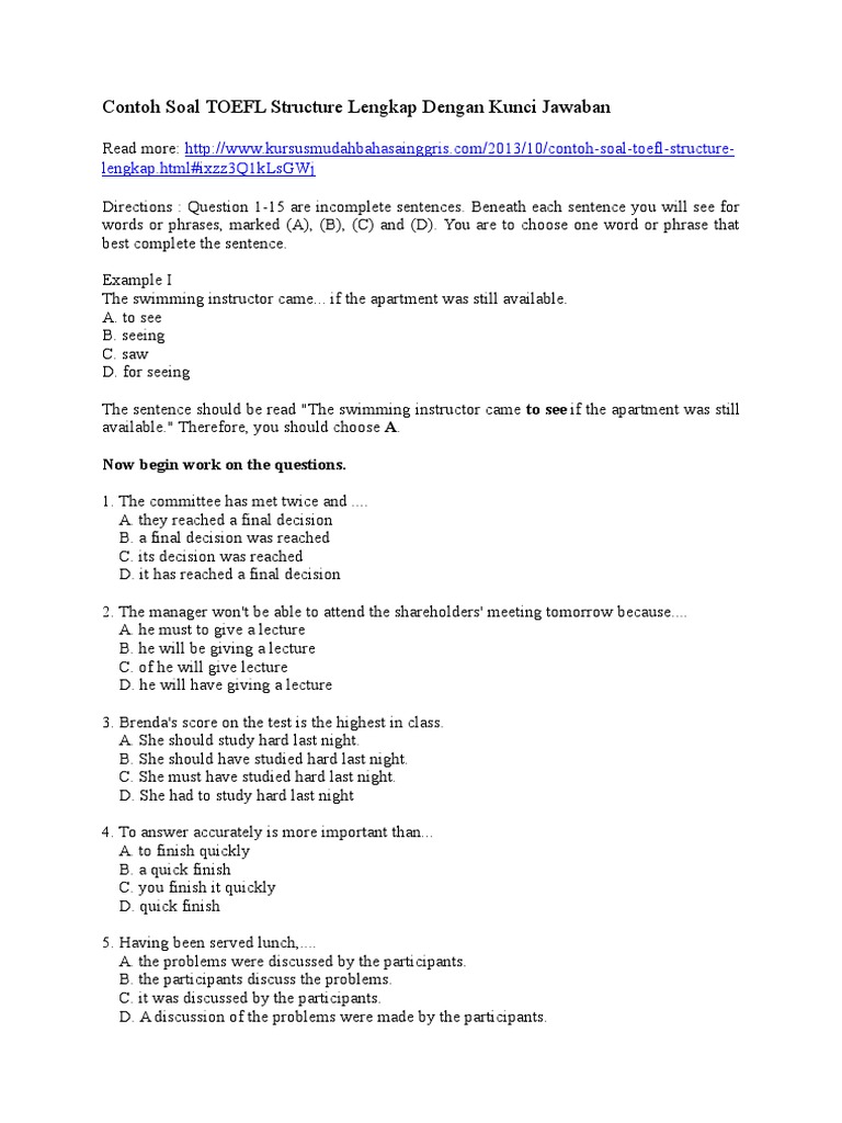 Contoh Soal TOEFL Structure Lengkap Dengan Kunci Jawaban | PDF